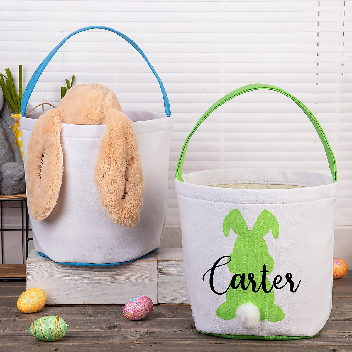 Personalized Easter Basket, Easter Bunny Basket for Kids, Easter Egg Hunt Tote Bag for Toys Candy Gift Party Decorations