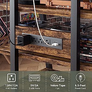 AV Media Stand with Outlets, Media Console with LED Lights, Stereo Racks and Stands with Storage Shelves, Media Audio Tower Cabinet, Rustic Brown