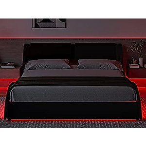 DICTAC Queen Led Bed Frame Modern Faux Leather Upholstered Platform Bed Frame with RGB LED Lights and Headboard Queen Size Wave Like Curve Low Profile Bed Frame,Wood Slats Support,Easy Assembly,Black