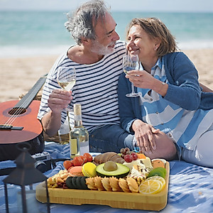 VaeFae Cheese Board and Knife Set, Bamboo Charcuterie Board with Magnetic Slide-Out Drawer and 2 Ceramic Bowls