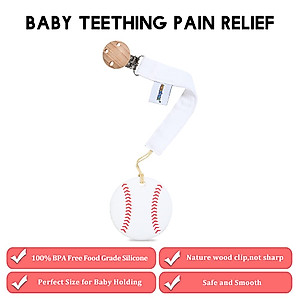 AmazingM Baby Food Grade Silicone Sports Shape Teether Toy with Pacifier Clip Holder,Teething Pain Relief Toys Gift Set for 3 Months+ Boys and Girls,Freezer Safe,BPA Free (Baseball)