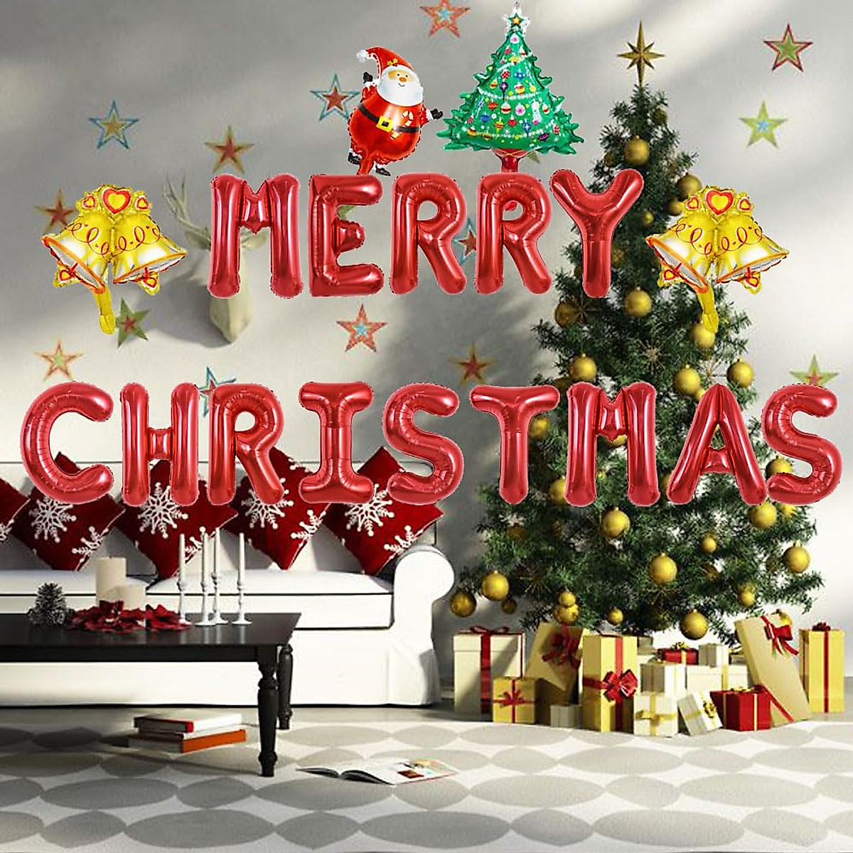 Merry Christmas With Santa Claus Christmas Tree Bells Balloons, Red Aluminum Foil Christmas Party Sign, Xmas/Xmas Eve Party Decorations Supplies Backdrops