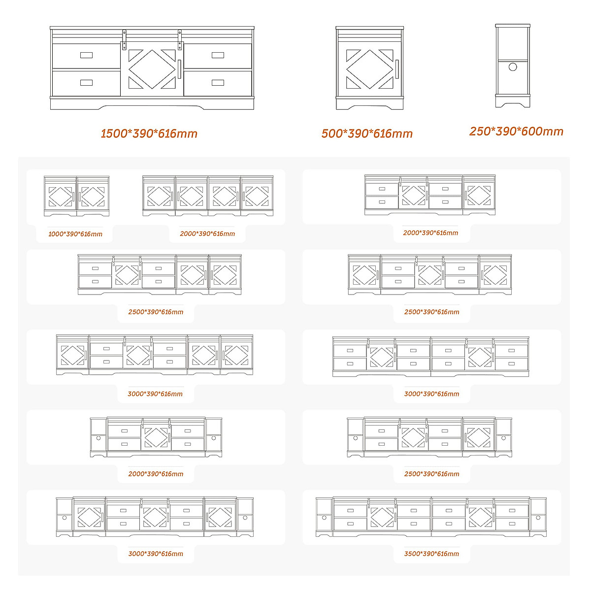 WAMPAT 118" Wide Modern Farmhouse 2 in 1 TV Stand for up to 130" TVs,Faux Bark Finish Wood Entertainment Center with 8 Drawers and Sliding Barn Doors for Living Room, Rustic Brown