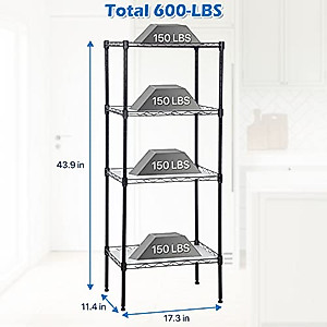 Dkelincs 4 Tier Wire Shelving Unit 18''L×12''W×44''H NSF Metal Storage Shelves Height Adjustable Wire Shelf with 4 PP Sheets for Kitchen Office Pantry Bathroom Garage, Black