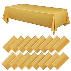 Moukeren 16 Pack Plastic Tablecloths Bulk 54 x 108 Inch Disposable Rectangle Table Covers Waterproof Party Table Cloths for Indoor or Outdoor Events Birthday Party Decor Supplies (Gold)