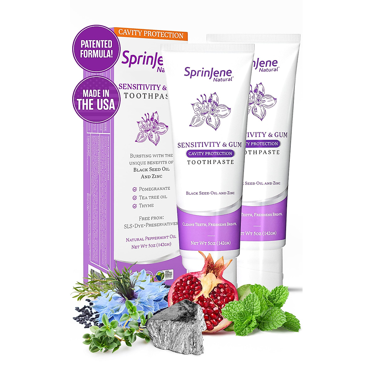 SprinJene Patented Toothpaste Sensitive Teeth & Gum w/Fluoride Cavity Protection Non Toxic SLS Free Fresh Breath Dry Mouth,Preservative Free, 2 Pack