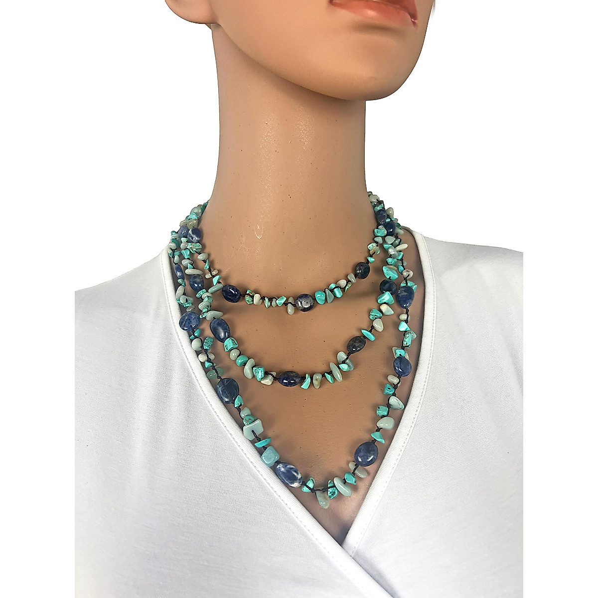 MGR MY GEMS ROCK! Beaded Sodalite Mix Stone Endless Infinity Long or Multi layered Boho Statement Necklace, 60" Long.