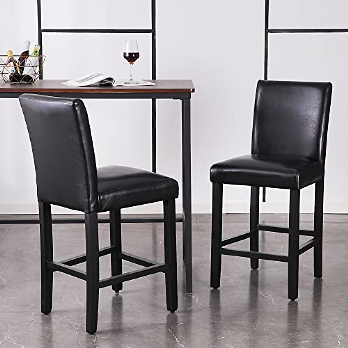 GOTMINSI Set of 2 Classic 24 Inches Counter Height Stools Upholstered Bar Stools with Solid Wood Legs and Black Leather Counter Stool(PU Black)