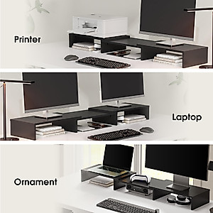 FITUEYES Dual Monitor Stand – 3 Shelf Computer Monitor Riser, Wood Desktop Stand with Adjustable Length and Angle, Desk Accessories, Office Supplies Medium Black,DT108001WB