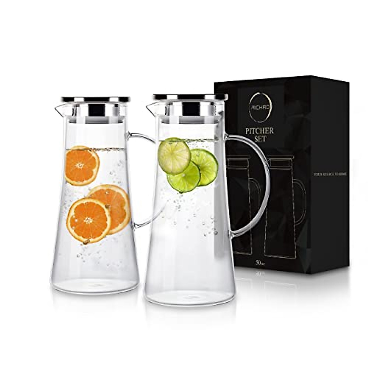 Richro Glass Pitcher With Lid and Spout Set of 2 - Heat Resistant Glass Carafe Pitcher With Stainless Steel Lid 50 oz Good For Coffee Juice Beverage Pitcher For Juice and Iced Tea Pitcher Water Carafe