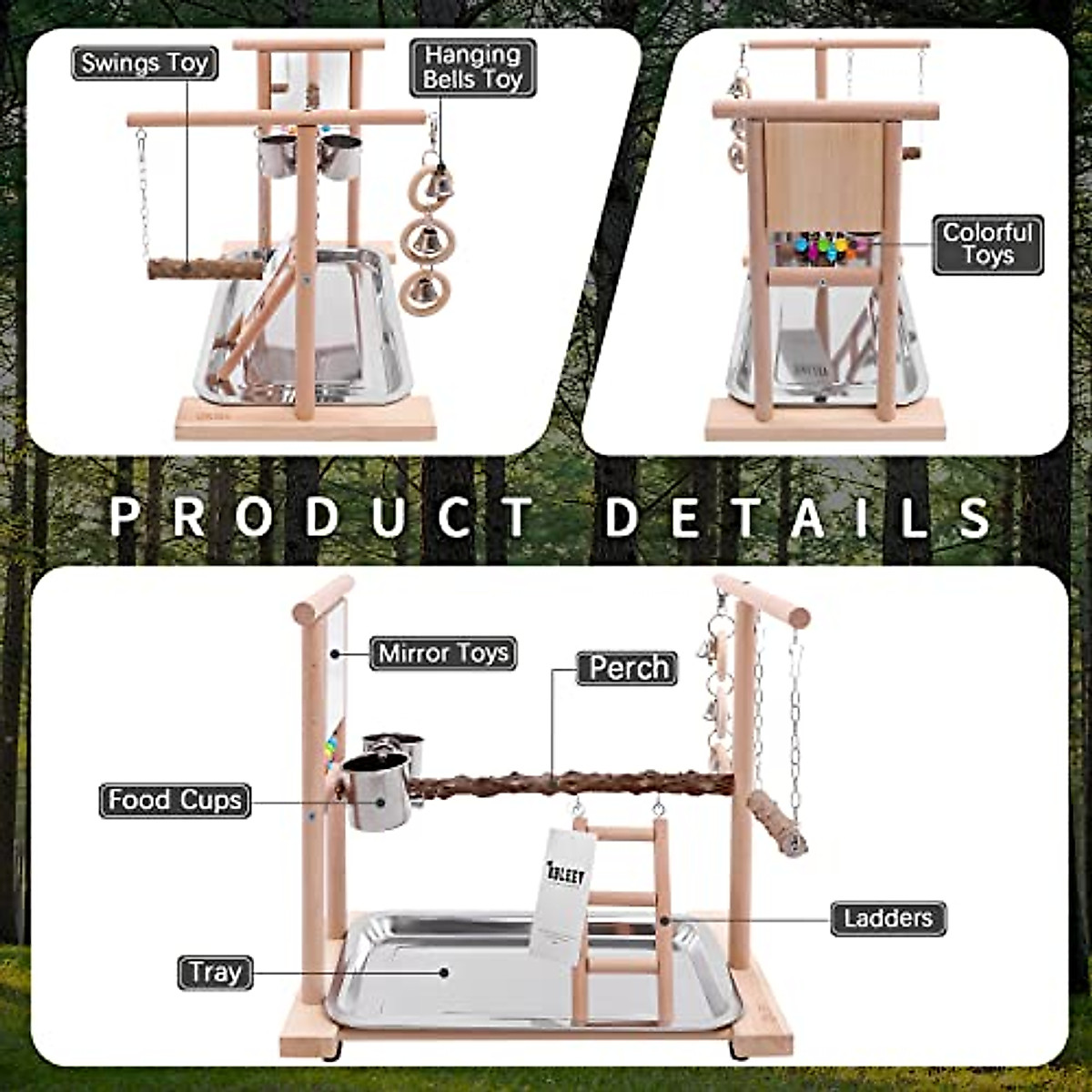 Bird Playground Parrot Play Stand, Bird Play Pen Gym for Parakeets Cockatiels Conures Budgies, Natural Wood Bird Playstand with Perches Feeder Cups Tray Swing Ladder Bells Mirror Toys