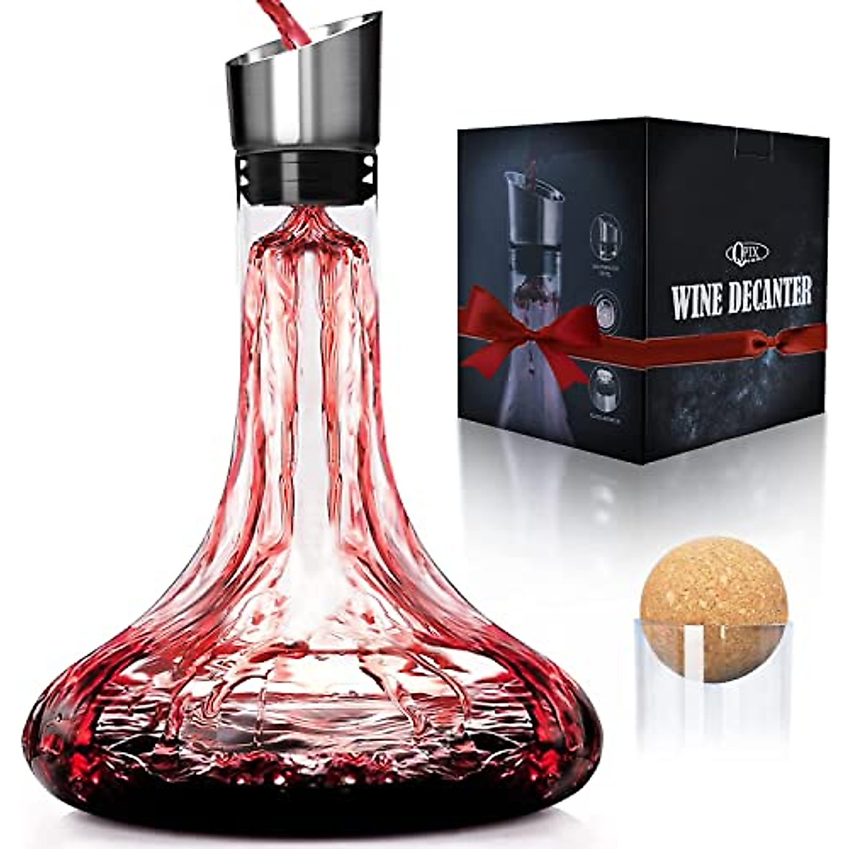 Wine Decanter, Built-in Aerator Pourer, Wine Carafe Red Wine Decanter,100% Lead-free Crystal Glass Wine Aerator, Wine Decanter with Cork Stopper, Wine Gift, Wine Accessories, 50 oz Capacity