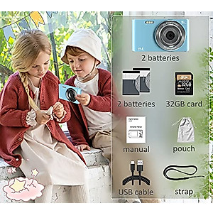 UIKICON Digital Camera, FHD 4K 44MP Kids Camera Video Camera with 32GB SD Card 16X Digital Zoom, Compact Point and Shoot Camera Portable Small Camera for Teens Students Boys Girls-Light Blue