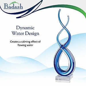 Badash Touch of Blues - Blue Crystal Murano-Style Glass Sculpture - Blue Home Decor Glass Art - 9" Tall Mouth-Blown Glass Wave Sculpture on Crystal Base - Glass Decor Contemporary Home Decor Accent