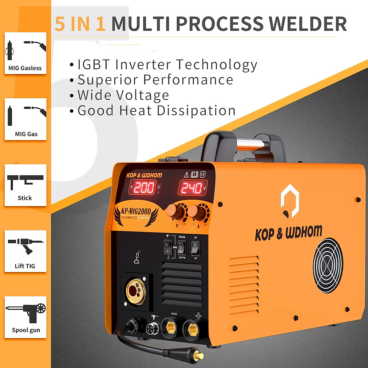 MIG Welder Machine 200Amp 110/220V Dual Voltage,Flux MIG Gas Gasless MIG Welding Machine MIG/Lift TIG/ARC 5 in 1 Multiprocess Aluminum MIG Welder, Spool Gun Compatible