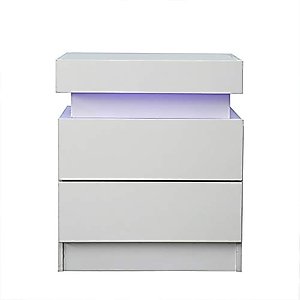 Modern LED End Table & Nightstand for Bedroom - Night Table with Built in Multi-Colour LED High Gloss Backlight - Bedside Cabinet with 2 Drawers for Living Room- Particle Board (White)