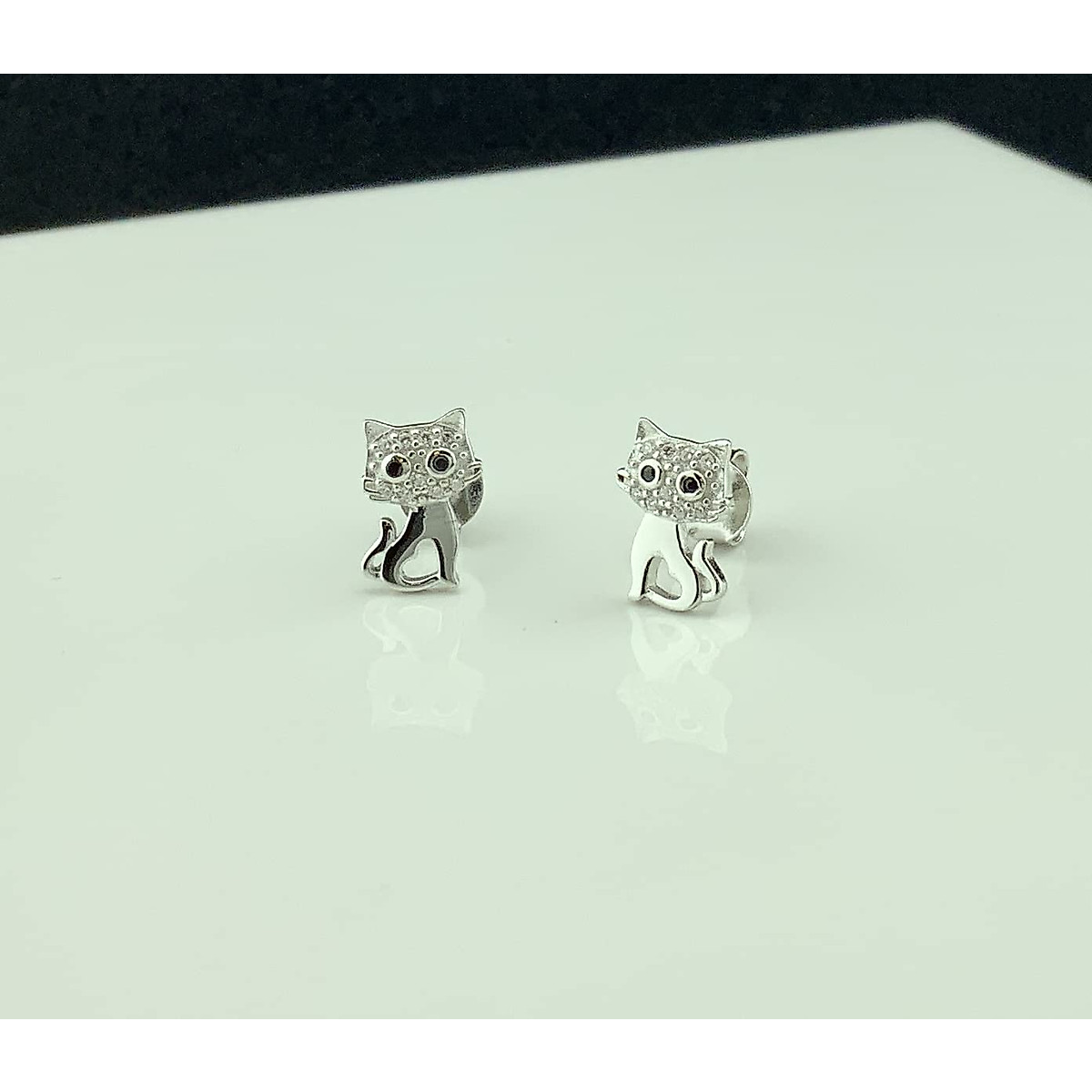 Rhodium Plated Sterling Silver Cubic Zirconia Cat Womens Earrings, Comes Gift Ready, Unique gifts for Women Tiny cartilage earrings Silver Second Tiny Studs for Girls - 9mm