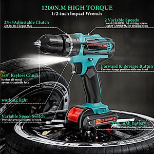 Olubfdh 21V Cordless Drill with Battery and Charger, Electric drill Set, Power Drill Cordless with 3/8 Inch Keyless Chuck, 25+ 3 Clutch, Work Light, Max torque 45Nm, 2-Variable Speed