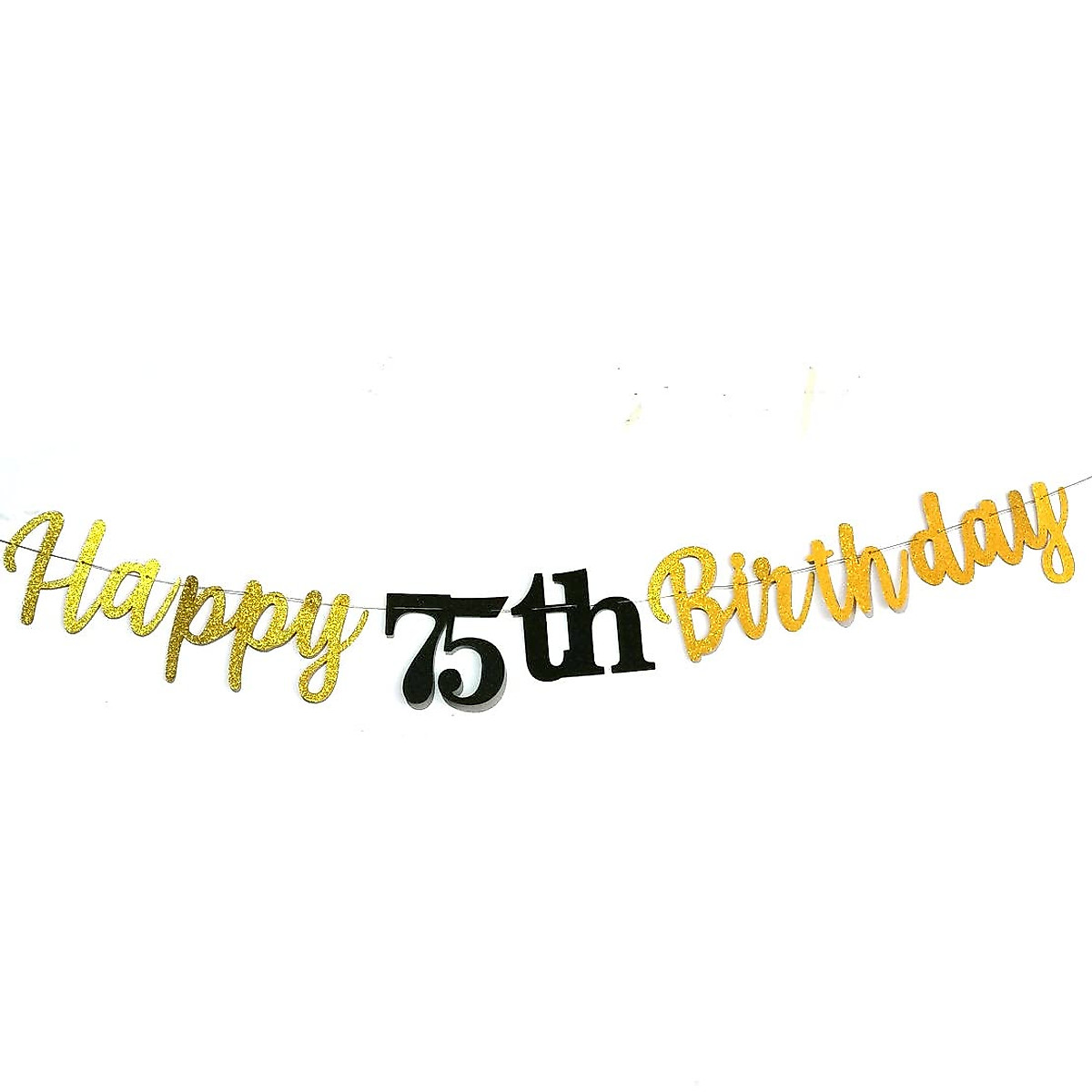Glitter Happy 75th Birthday Banner, Black and Gold Happy 75th Birthday Banner Sign, 75th Birthday Party Decorations Supplies Pre - Strung (Black)