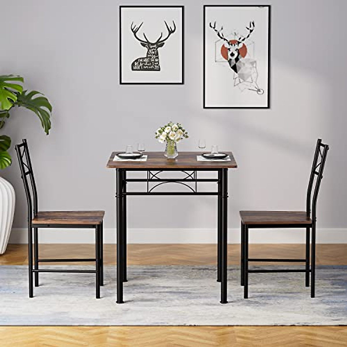 JOIN IRON 3-Piece Kitchen Dining Room Table Set for Small Spaces，Iron Wood Square Table with 2 Chairs for Kitchen Dining Room Furniture