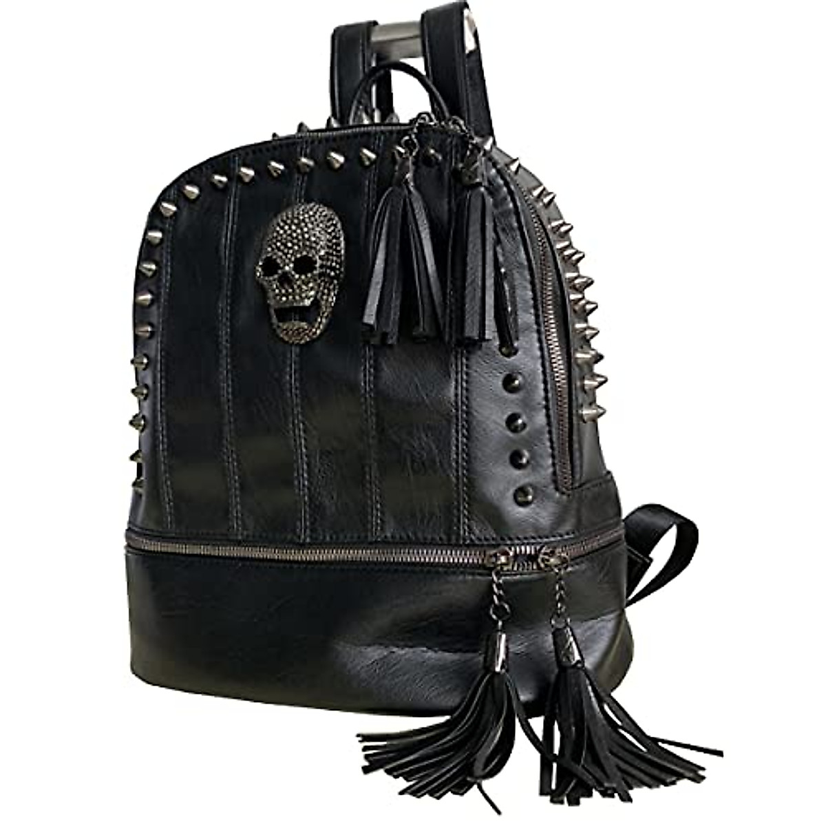 Women Skull Backpack Rivet Studded Fashion Daypack Gothic Purse Tassel Zipper (Slivet Round Rivet)