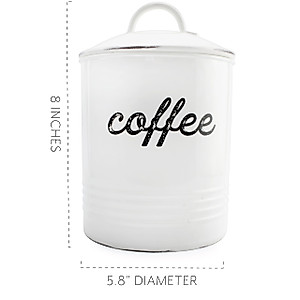 AuldHome Enamelware White Coffee Canister; Rustic Distressed Style Tea Storage for Kitchen