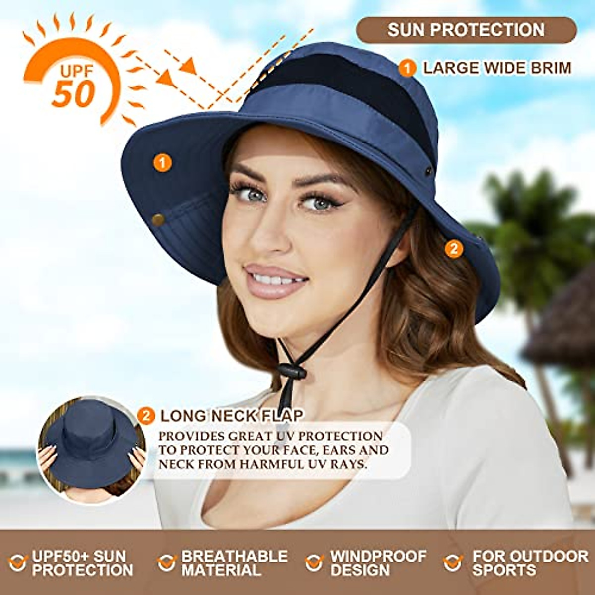 Sun Hat Women-Wide Brim Hiking Hat Women UV Protection Gardening Hat, Foldable & Waterproof Fishing Hat for Women Navy Blue