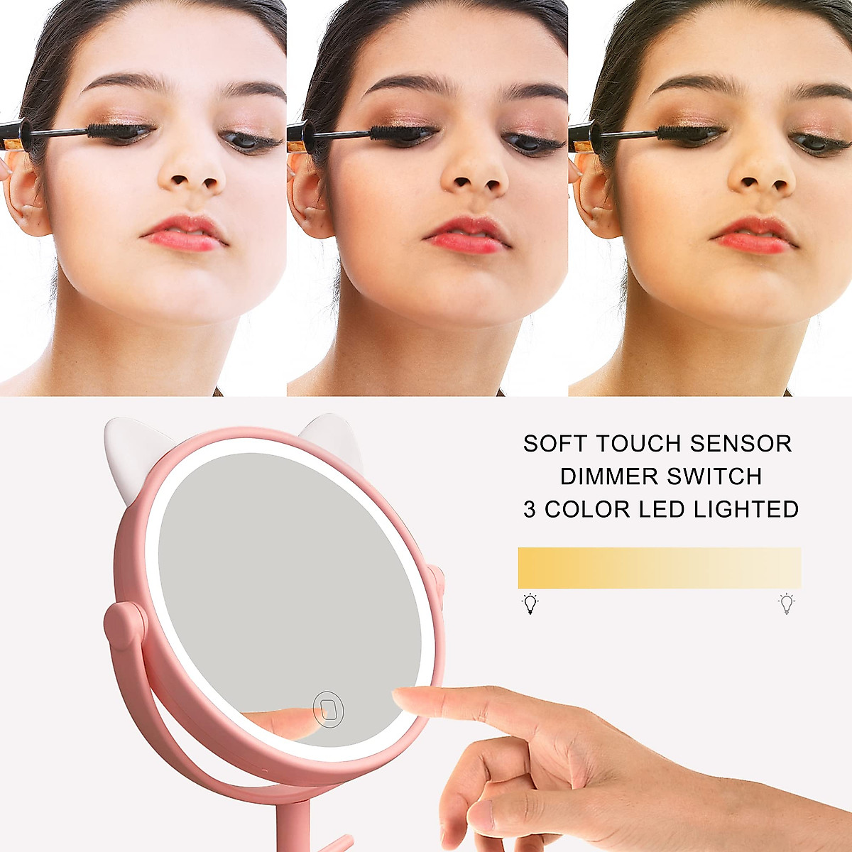 Nonebranded Vanity Mirror with Lights & Desk Mirror Lights Touch-Screen Light Control Portable High Definition Cosmetic Lighted Up Mirror with USB Port in 360 Degree Rotation(Pink)