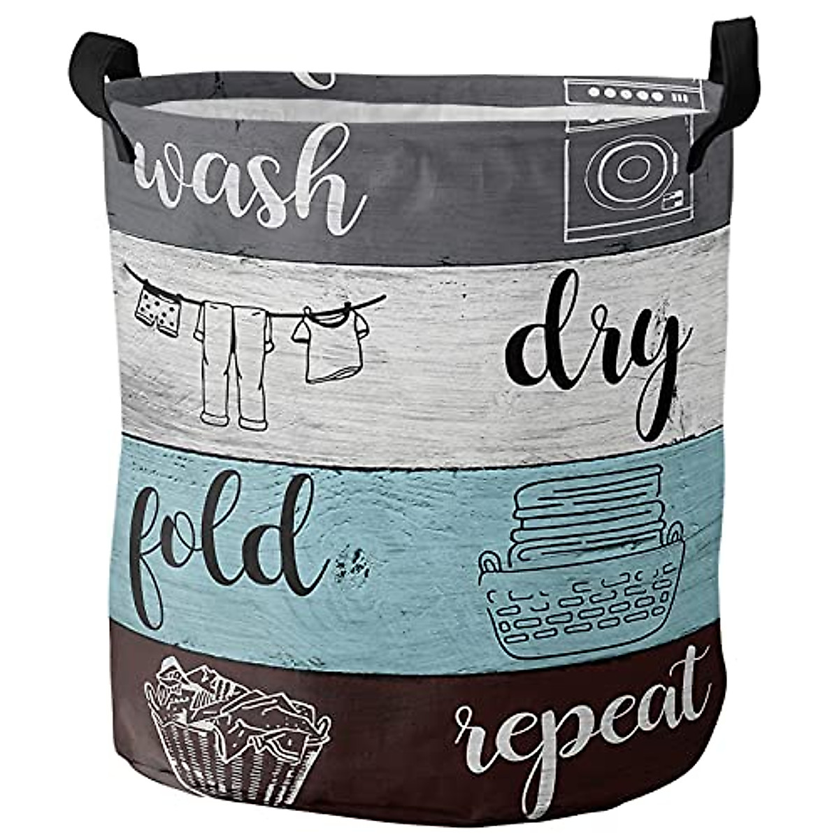 Laundry Room Large Laundry Basket,Collapsible Bag with Easy Carry Handles,Bathroom Dry Wash Fold Repeat Grey Blue White Brown Farmhouse Wood Waterproof Foldable Freestanding Hamper,Folding Storage