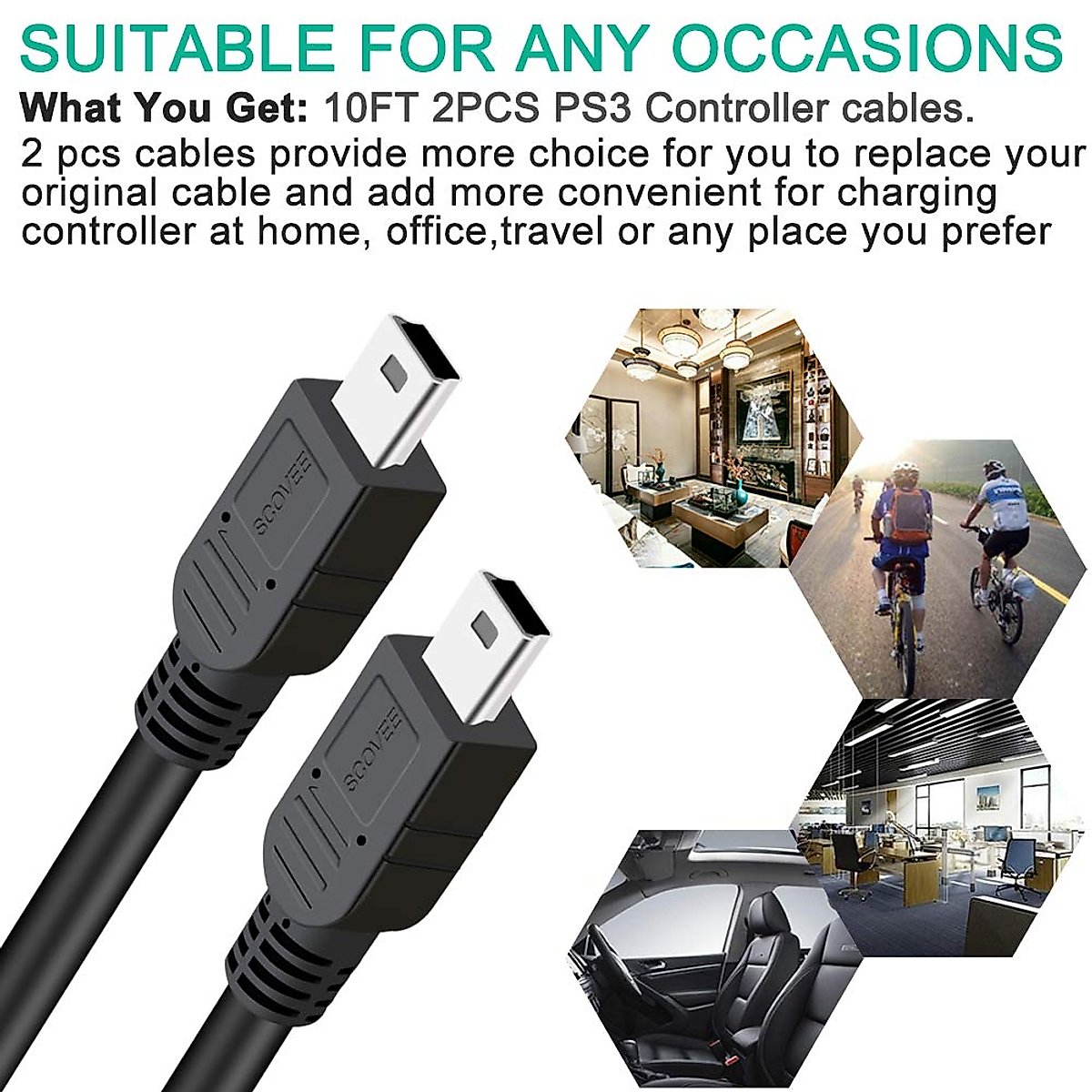 SCOVEE PS3 Controller Cord, 【2 Pack 10ft】 PS3 Charger Cable for Sony 3 / PS-3 Slim SixAxis Controller,PS3 Charging Cord,PS3 Charging Cable,PS Move DualShock 3 Remote Charge Wire