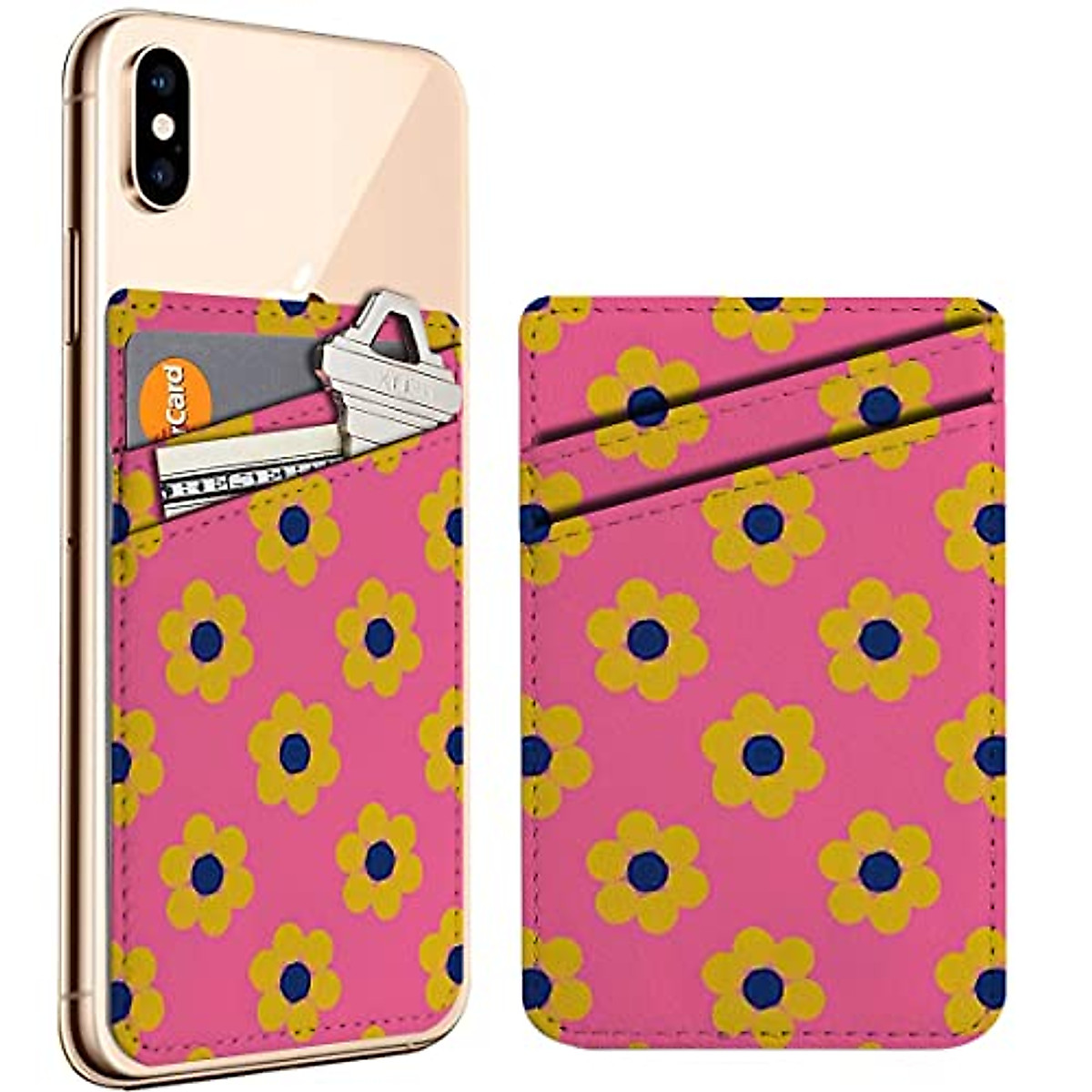 Diascia Pack of 2 - Cellphone Stick on Leather Cardholder ( Yellow Flowers On Pink Pattern Pattern ) ID Credit Card Pouch Wallet Pocket Sleeve
