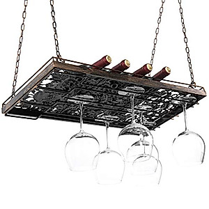 MyGift Ceiling Mount Hanging Wine Glass Holder Rack, Bronze Metal Stemware and Wine Bottle Shelf with Decorative Vineyard Cutout Design