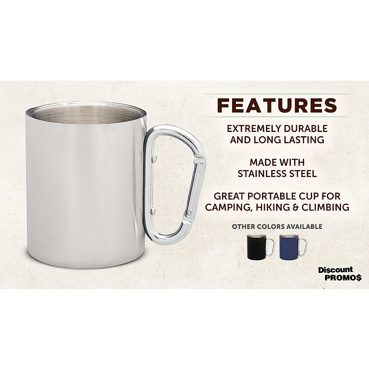 DISCOUNT PROMOS Stainless Steel Mugs with Carabiner Handle 10 oz. Set of 10, Bulk Pack - Perfect for Coffee, Soda, Other Hot & Cold Beverages - Silver