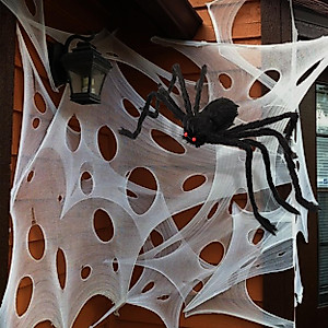 LINAYE Giant Spider Webs with 35" Realistic Spider, 180 Sqft Stretchy Beef Netting with Large Scary Spider, Spider Web Cobwebs Halloween Decorations Decor for Outdoor Indoor Yard