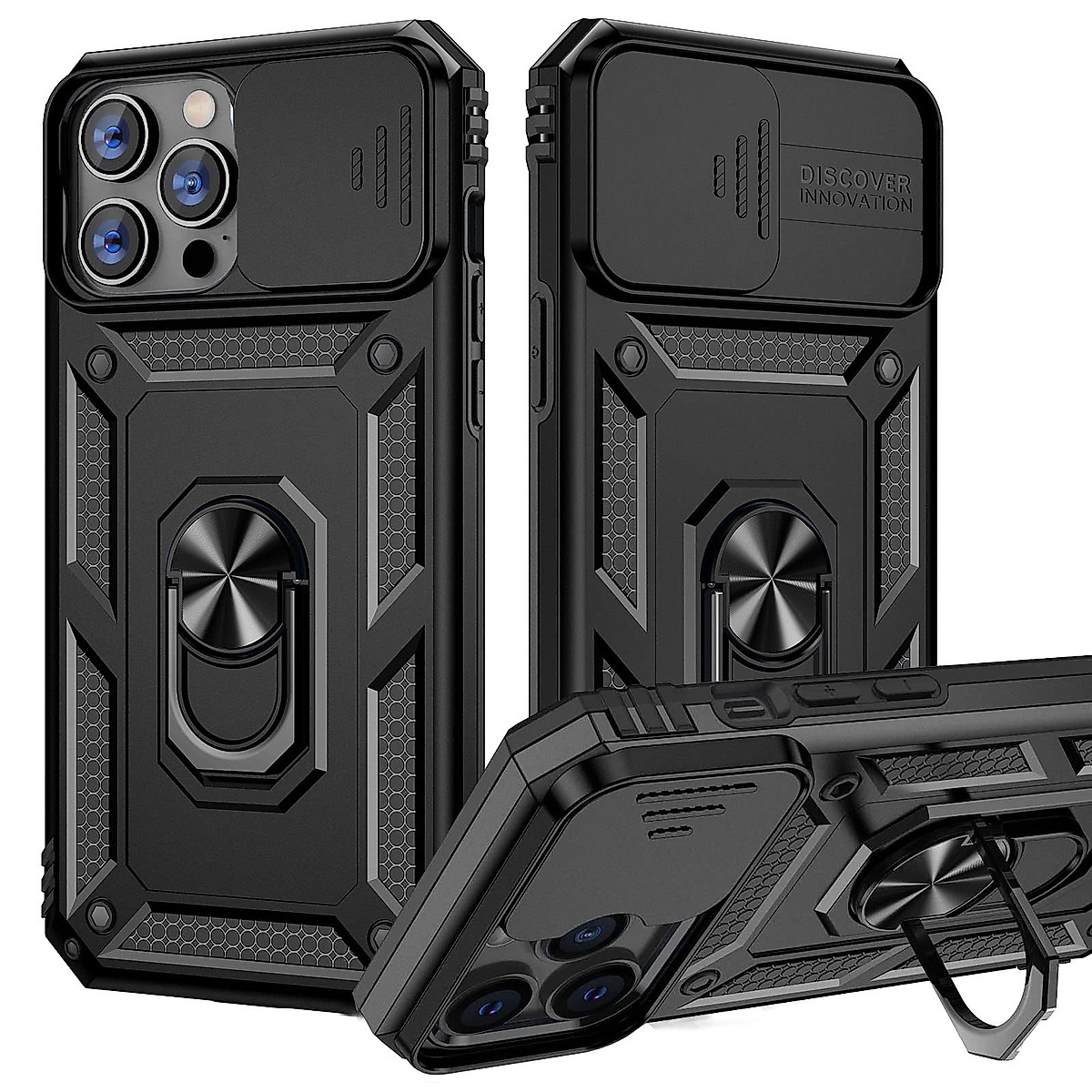 Goton Armor Case for iPhone 13 Pro Max & iPhone 12 Pro Max Case with Sliding Camera Cover & Stand, Heavy Duty Shockproof Protective Rugged Phone Case with 360-degree Rotatable Ring Kickstand - Black