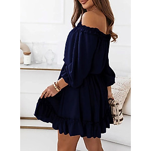 Dokotoo Women's Casual Dresses Ruffle Off The Shoulder Long Sleeve Dress for Women Elegant Solid Color Elastic Waist Party Short Dress A-Line Sexy Spring 2024 Country Concert Outfits Blue X-Large