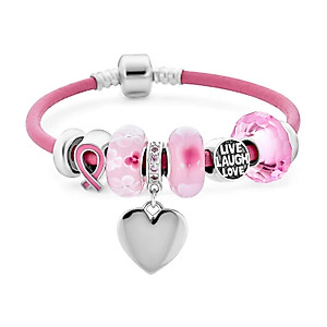 Live Love Laugh Support Breast Cancer Survivor Heart Pink Ribbon Theme Beads Charm Bracelet For Women .925 Sterling Silver Pink Genuine Leather Barrel Snap Clasp Bracelets 8 Inch