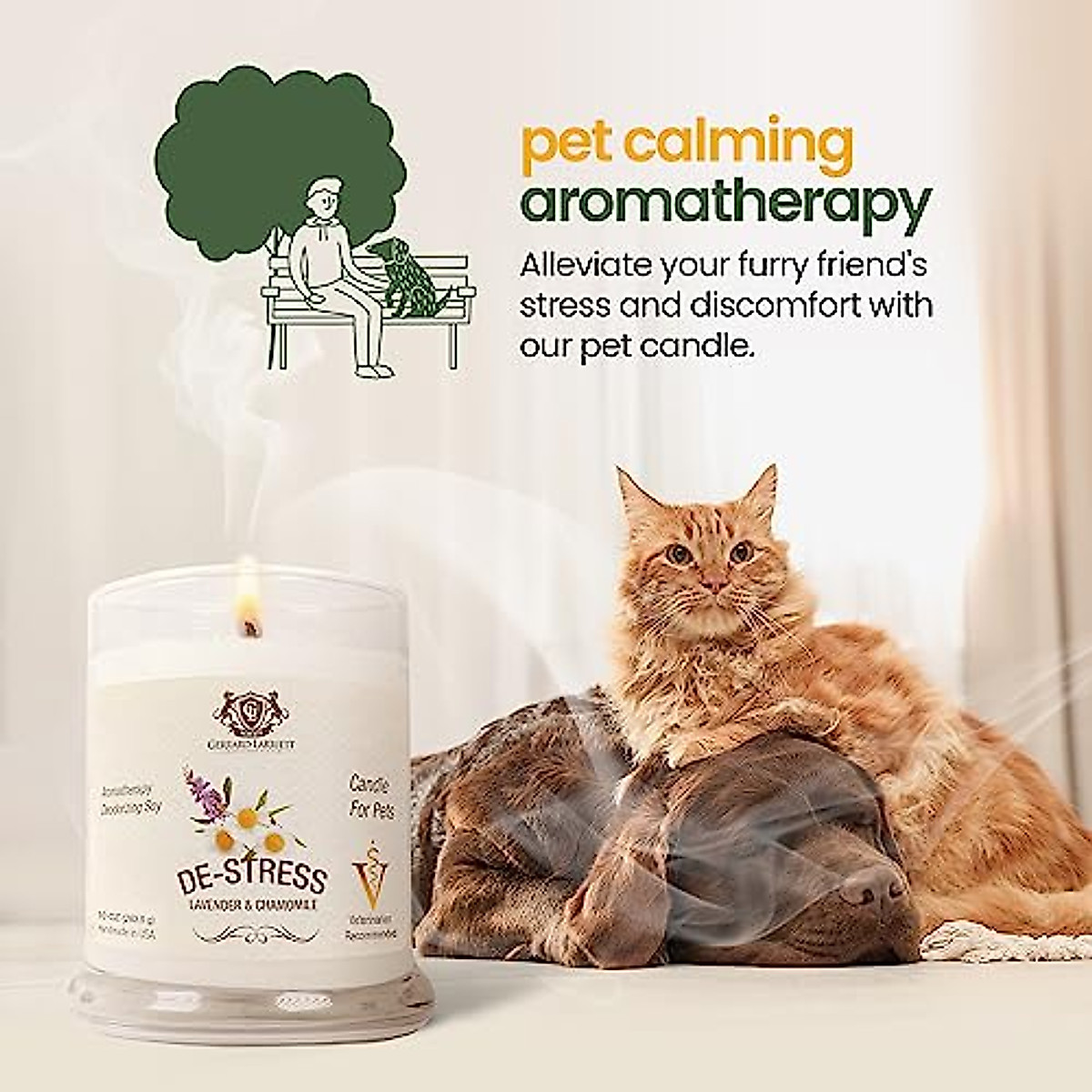 Gerrard Larriett - Deodorizing Soy Candles for Pets, Scented Candles for Removing Pet/Household Odors, Lasts up to 40 Hours, White Candles for Home Scented with De-Stress Lavender & Chamomile Fragrance, 10 oz