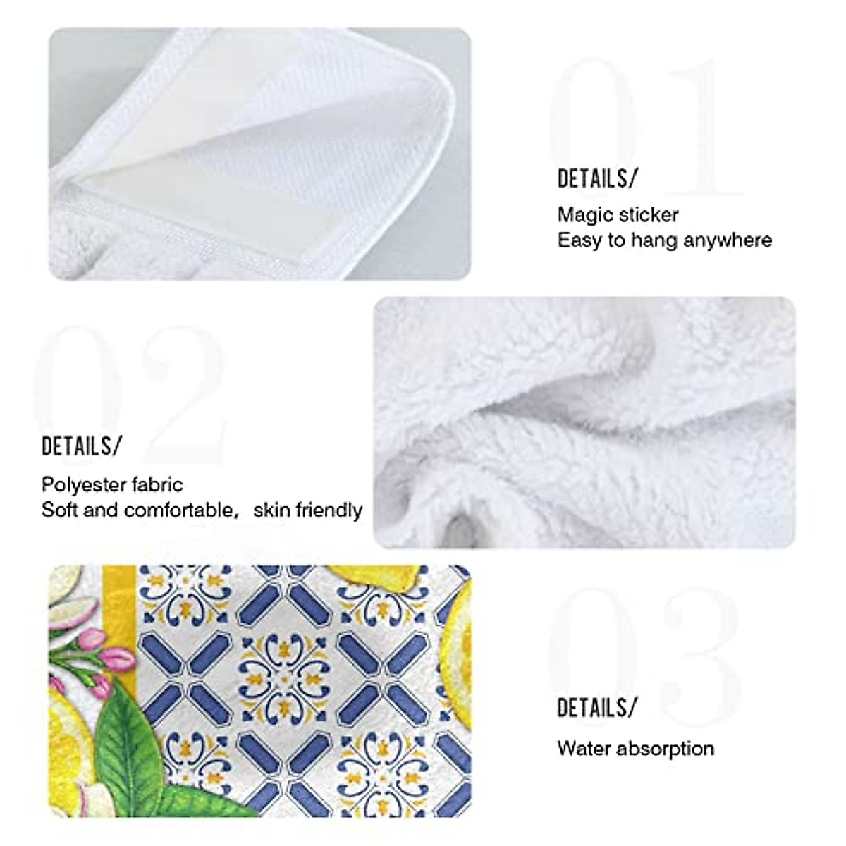 BOENLE Lemon Kitchen Hand Towels Set of 2 Yellow Mediterranean Tile Hanging Tea Towel Bathroom Soft Absorbent Coral Fleece Dish Wash Cloth Decorative