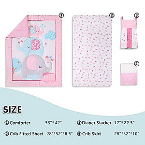 Honkaii Elephant Crib Bedding Set 4Pcs for Girls with Comforter Fitted Sheet Crib Skirt Diaper Stacker, Machine Washable, Suitable for 28 x 52 Inch Cribs, Lovely Nursery Crib Sets for Baby(Pink)