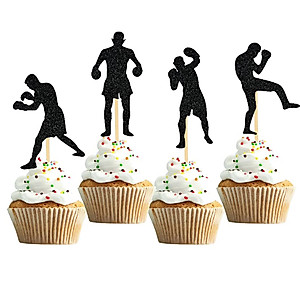 Oringaga 24PCS Boxing Ring Cakecup/Cake Topper Themed Party Decorations Pugilist Infighter Beat Glove Platform Punching Supplies Favors Sport Birthday Event