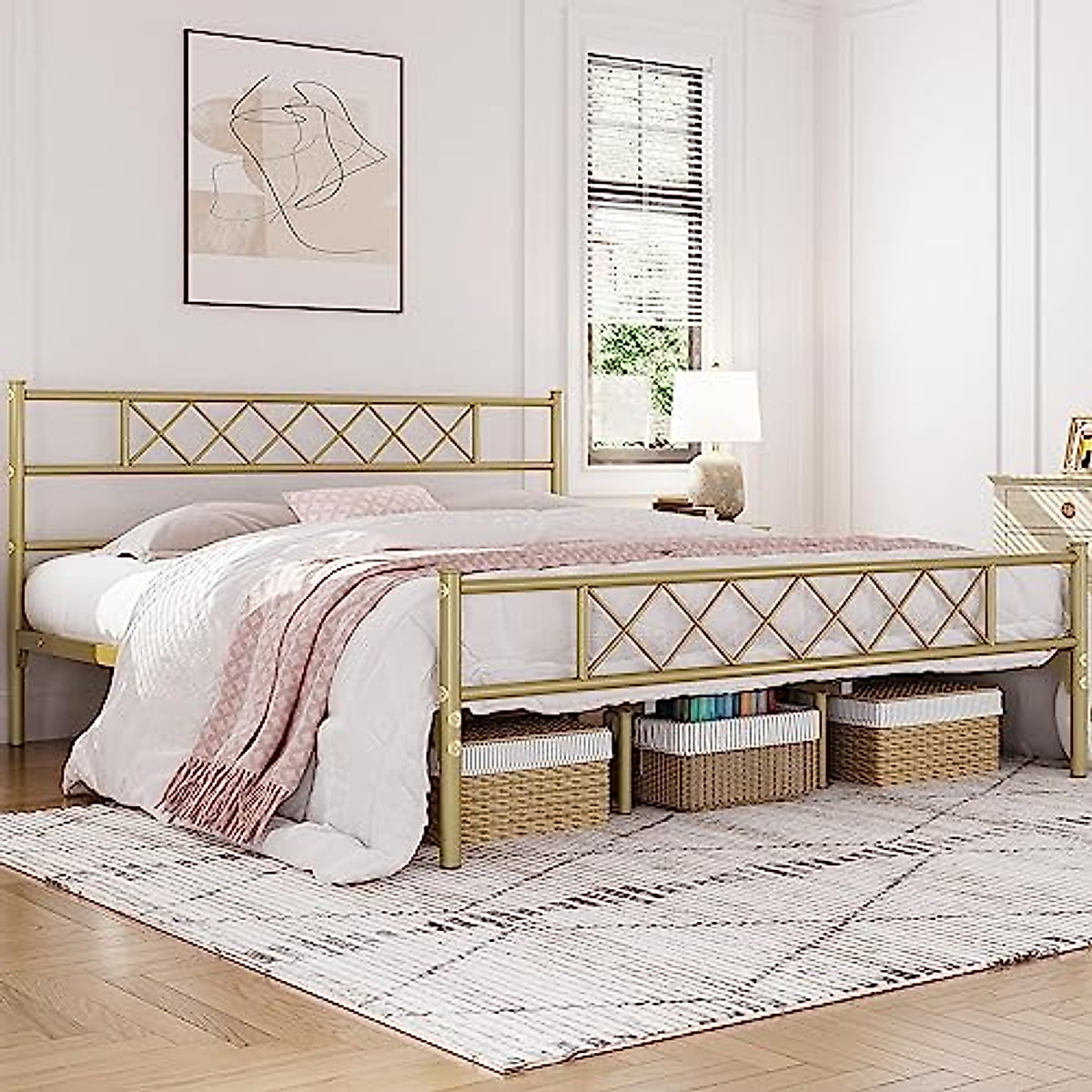 Yaheetech Metal Platform King Bed Frame Mattress Foundation with Headboard and Footboard No Box Spring Needed Under Bed Storage Steel Slats Antique Gold