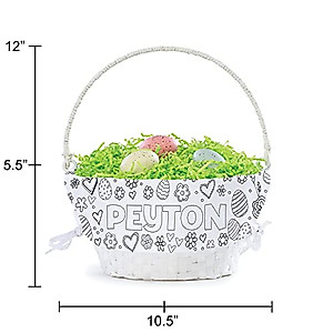 Floral and Heart Theme DIY Personalized Easter Egg Basket with Handle and Custom Name | Color It Yourself Easter Basket Liners | White Basket | Woven Easter Baskets for Kids | Customized Easter Basket