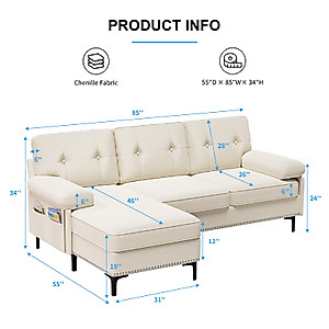 PUREMIND 85 Inches L Shaped Sectional Sofa with Reversible Chaise, Convertible Small Sectional Sofas Couch, Velvet Beige 4 Seater L Shaped Couch for Living Room