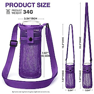Water Bottle Bag with Strap, Mesh Water Bottle Holder Crossbody Bottle Sling Bag Adjustable Shoulder Strap and Pocket - Lightweight Water Bottle Carrier for Walking Sports Hiking Camping (Purple)