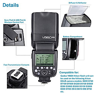 Godox V860II-N V860II Flash for Nikon, 2.4G TTL GN60 1/8000S HSS Nikon Speedlite, Rechargable Li-ion Battery, 650 Full Power Flashes, External Flash Compatible for Nikon Cameras