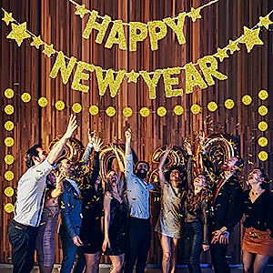 Happy New Year Banner 2022 New Year Party Decorations Glitter Gold Paper Garland Banner for New Year Eve Party Supplies Outdoor Indoor Home Decoration