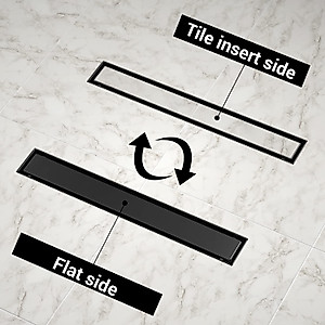 EXF Linear Shower Drain 18 Inch Matte Black with Reversible Flat & Tile Insert Cover, Stainless Steel Rectangle Shower Floor Drain with Hair Catcher, Adjustable Feet