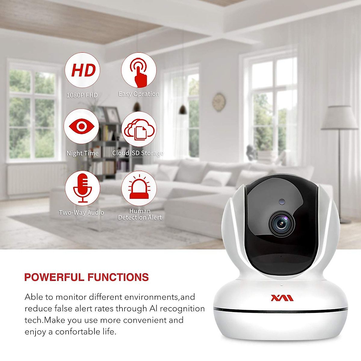 XM Wireless IP Security Camera Indoor Surveillance Camera Smart WiFi Home Camera for Baby/Pet/Nanny with Motion Detection 2-Way Audio Night Vision Cloud-Storage & TF Cardslot iOS/Android
