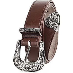 INOGIH Western-Leather-Belts-Women Vintage Waist-Belts with Hollow Out Flower Buckle